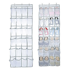 24 Grid Large Pockets Mesh Storage Bag Behind The Door, Over The Door Hanging Shoe Organizer , Free iInstallation, Carrying Stainless Steel Hooks(White)