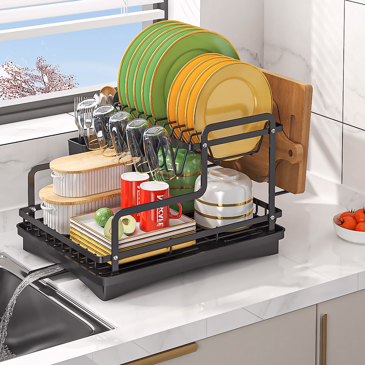 Famhap Dish Drying Rack, Large 2 Tier Dish Racks for Kitchen Counter, Durable Stainless Steel Kitchen Drying Rack with a Cutlery Holder, Drying Rack for Dishes, Knives, Spoons, and Forks