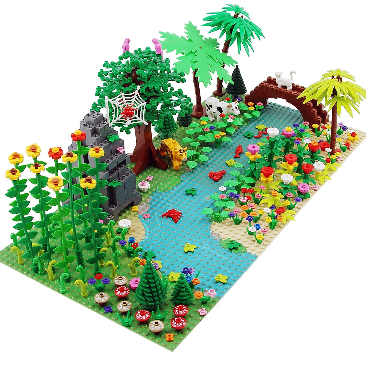 Feleph Jungle Toy Building Set MOC Garden Playset with 2 Baseplates Forest Wildlife Bridge Plants Trees Flowers Animals Cow Wetland Park Kit Block Accessories Compatible with Major Brand