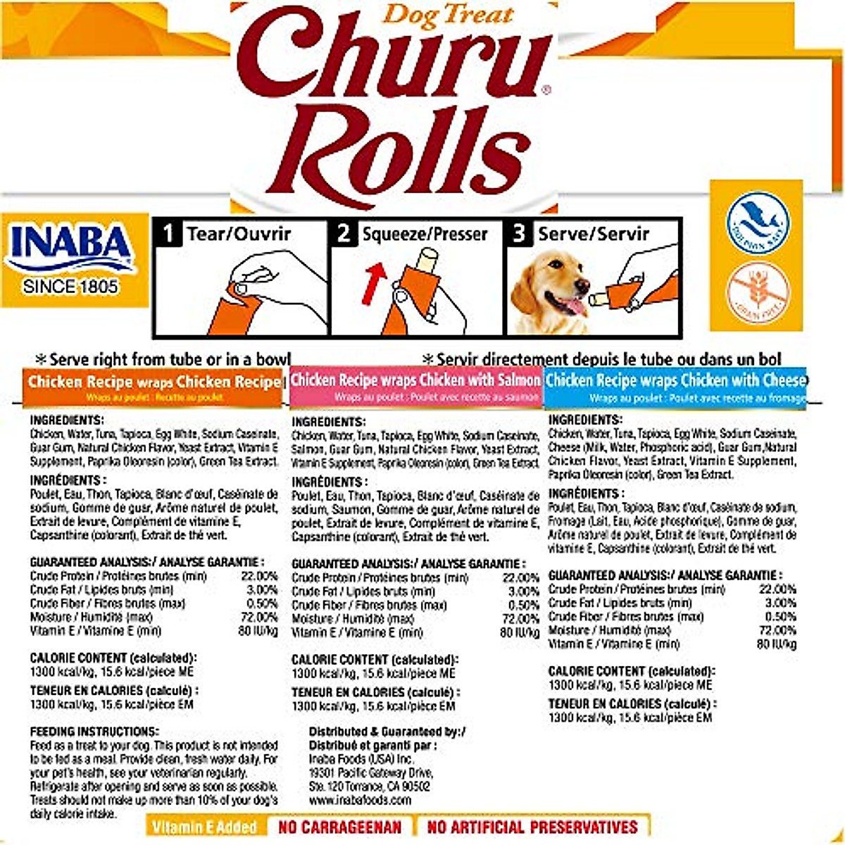 INABA Churu Rolls for Dogs, Grain-Free, Soft/Chewy Baked Chicken Wrapped Churu Filled Dog Treats, 0.42 Ounces Each Stick| 24 Stick Treats Total (8 Sticks per Pack), 3 Flavor Variety Pack (24 Sticks)