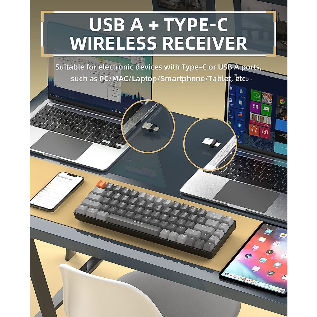 ZIYOU LANG RK68 60% Wireless Mechanical Keyboard,Bluetooth 5.0/2.4Ghz Dual Mode Receiver,Hot-Swappable Mini 68-Key,Retro Color Keycaps,Linear Red Switch,Ultra Power Saving for PC PS4 Xbox iPhone ipad