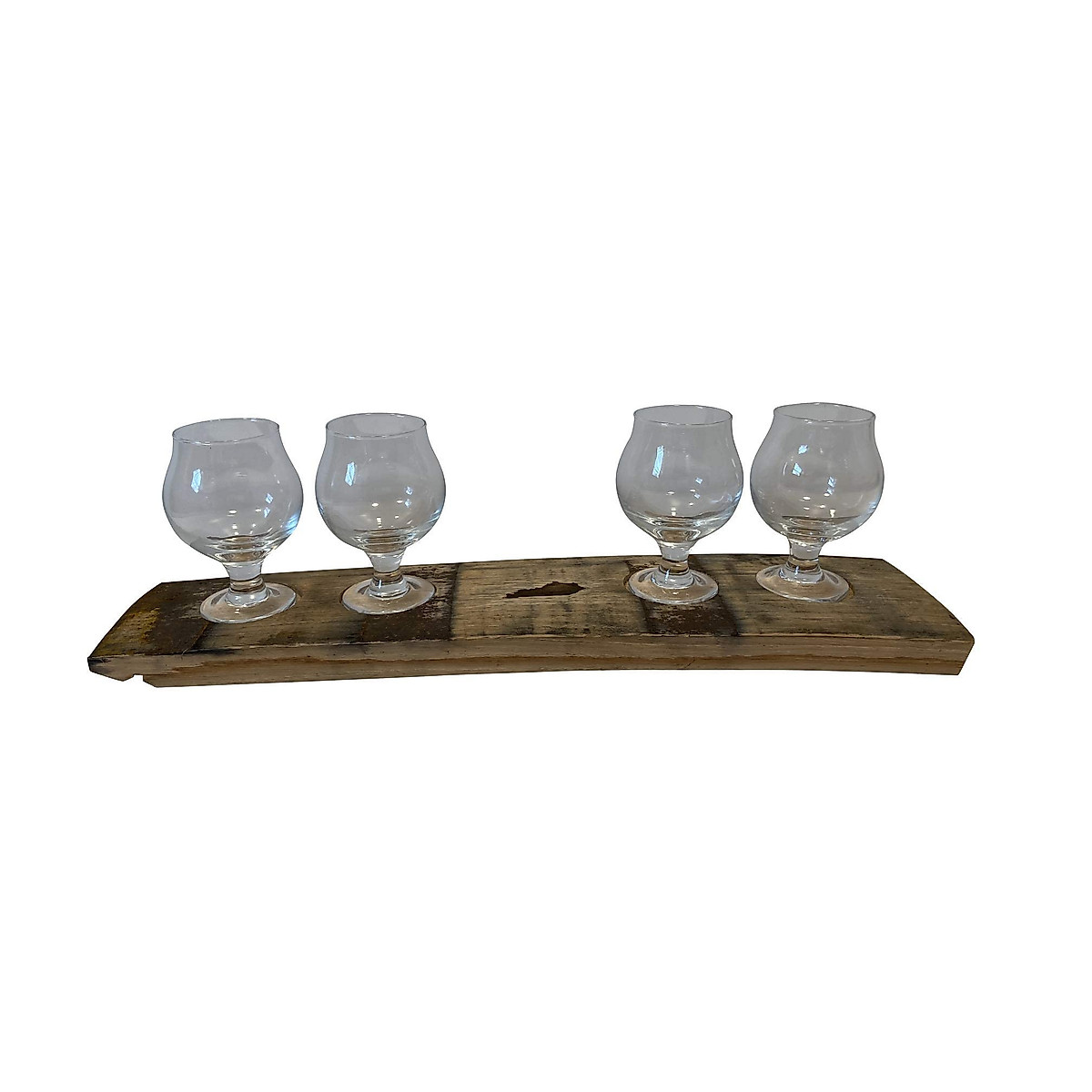 Bourbon Barrel Stave Flight Board With Four Snifter Glasses