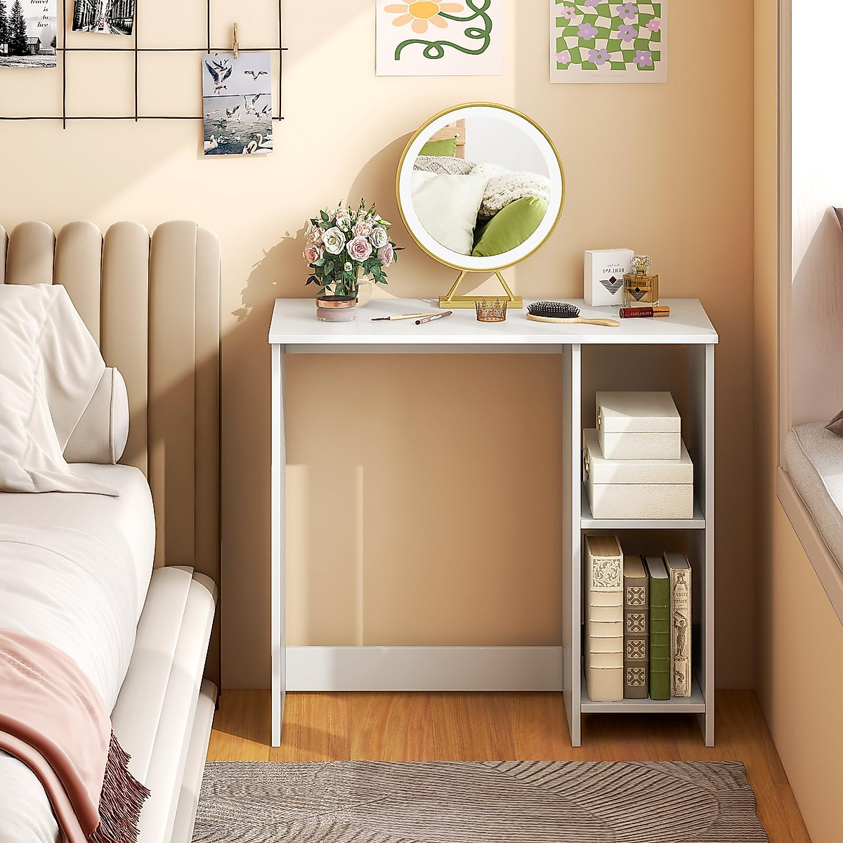 Tangkula Small White Desk with Shelves, Compact Small Desk for Small Space, Study Writing Desk with 2 Tier Shelves, Modern Simple Style Laptop Desk, PC Desk, Kid’s Desk, White