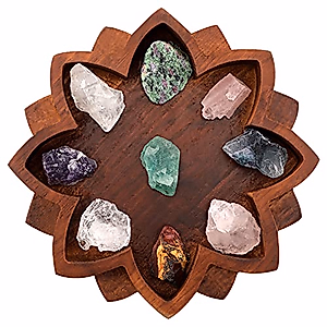 Lotus Mandala Crystal Tray Wooden Crystal Holder for Stones Lotus Shape Crystal Display Tray Wood Jewelry Plate Shelf Healing Crystal Organizer Large Bowl Decor for Gemstones, 7.9 x 7.9 Inch, Brown