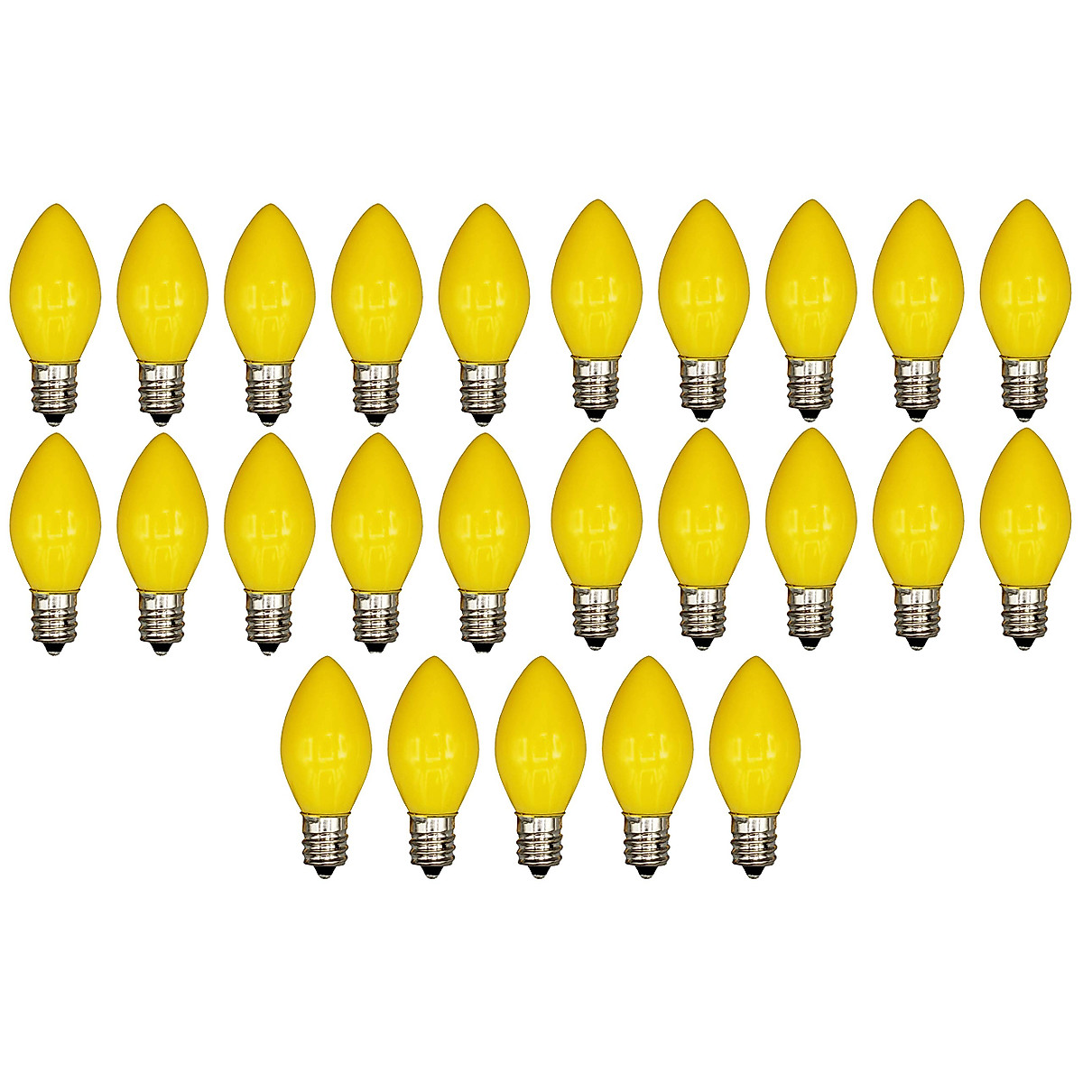Box of 25 Light Bulbs - Opaque Yellow, Steady Burning, 7 Watt, C7 -E12 Candelabra Base -Great for Night Lights, Decorative Lights and Christmas Strings