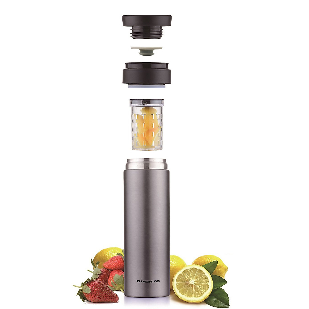 OVENTE Stainless Steel Vacuum Insulated Coffee Water Mug, 16oz Portable Double Wall Handheld Tumbler with Tea Infuser, BPA-Free Spill Proof Travel Friendly for Hot Cold Beverage, Gunmetal MSA16G