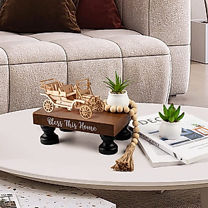 Homotte Wood Risers for Display, Wooden Square Pedestal Stand with Wooden Beads Garland, 8 Inch Small Cute Farmhouse Tray for Bathroom Decor Kitchen Sink Soap Plant Holder