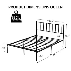 Fancihabor Queen Size Bed Frame with Upholstered Headboard, Metal Slats Support Platform Bed Frame with Storage, No Box Spring Needed (Queen)