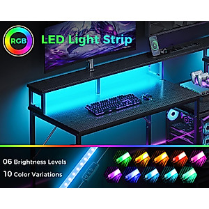 Coleshome 98 Inch 2 Person Gaming Desk with Storage Shelves- Long Double Home Office Computer Desks with USB Charging Port & LED Lights, Writing Desk with Monitor Stand, Modern Study/Work Table, Black