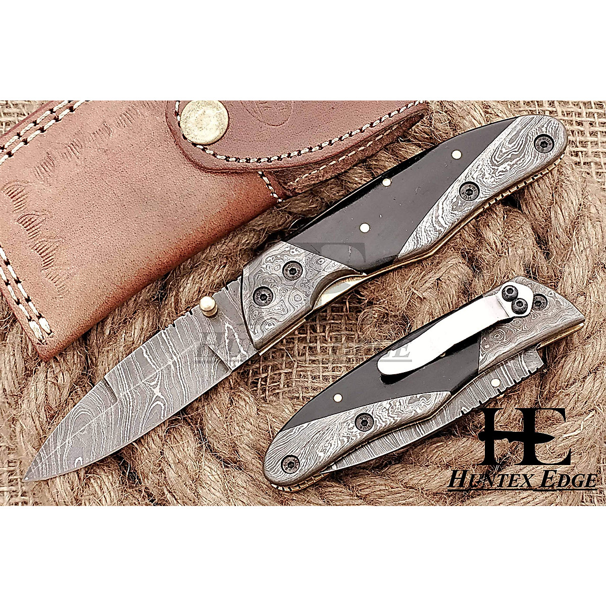 HUNTEX Custom Handmade Hand-Forged Twist Pattern Damascus Steel 4 Inch Long Natural Walnut Wood Handle Razor Sharp Hunting Folding Pocket Spear Knife with Pocket Clip & Genuine Leather Pouch