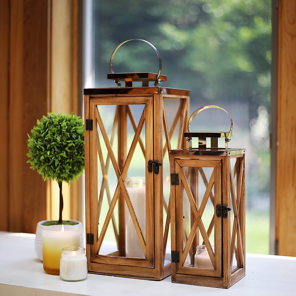XRKITE Wooden Candle Lantern Decorative Set of 2, Patio Decor with Stainless Top and Glass Inserts, Hurricane Lantern Holder Decor for Indoor Outdoor, Home, Garden, Wedding (Small-Large Set)