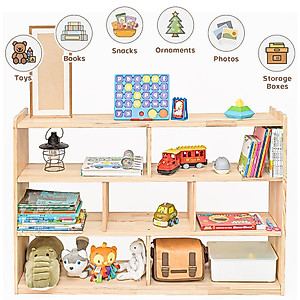 Morimoe 5/7-Compartment Book Shelf for Organizing Books Toys, Solid Wood, Perfect for Playroom, Kids Room, Nursery, Kindergarten (7-Compartment)