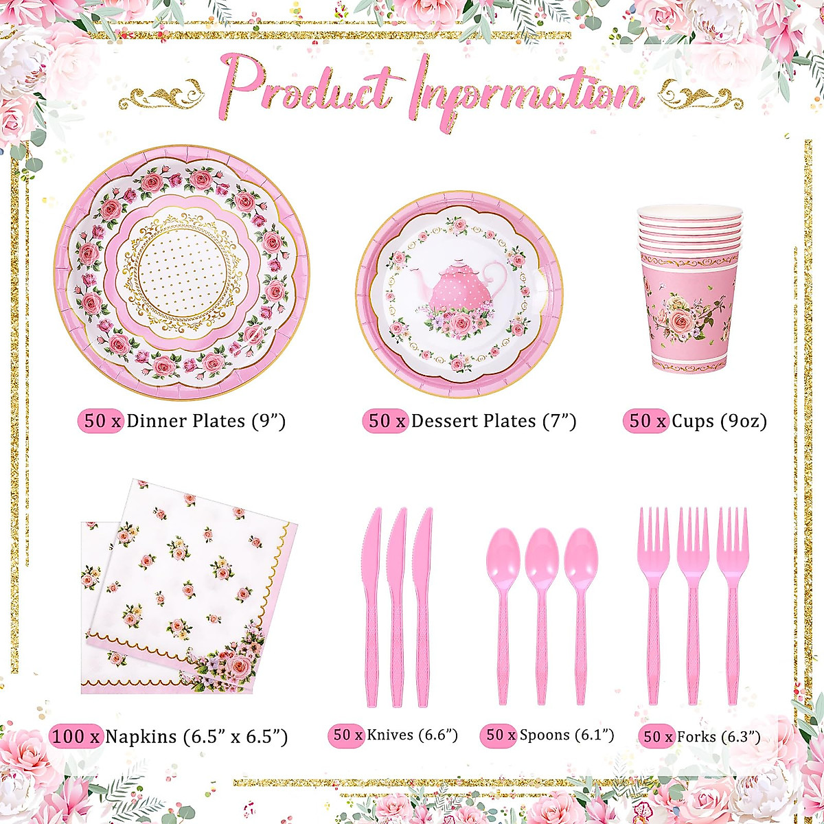 400 Pcs Tea Party Plates and Cups and Napkins Sets Flower Plates and Napkins Party Supplies Tea Party Decorations Disposable Dinnerware Set for Birthday, Baby Shower, Wedding, Bridal Shower