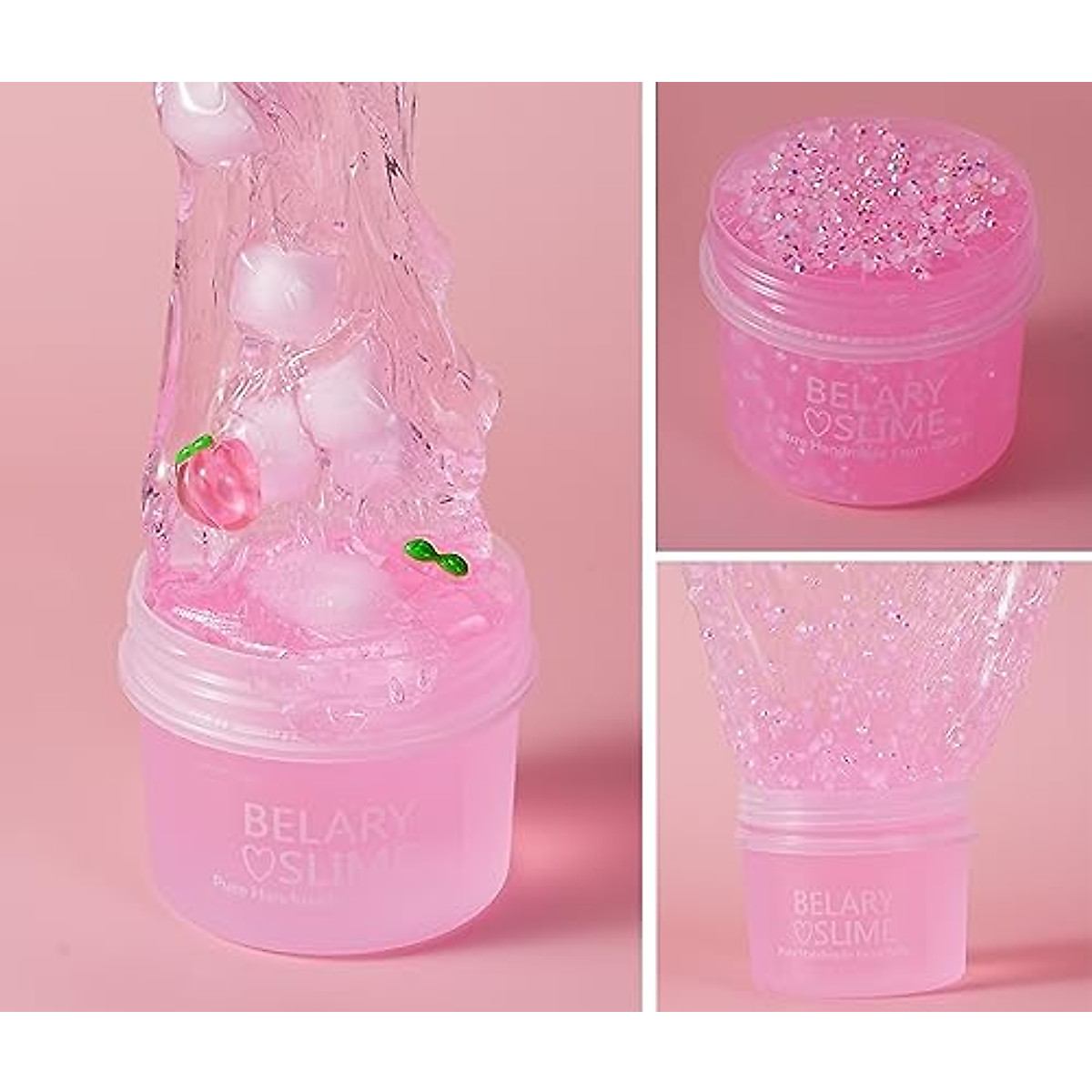 Premade Crystal Slime Pink Peach Jelly Cube Glimmer Crunchy Slime, Pink Clear Slime + Pink Ice Slime + Pink Crunchy Slime, Super Soft Non Sticky, Party Favors Slime Kit for Girls 10-12