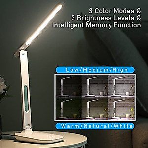 LED Desk Lamp with Time, Date, Temperature Display, 3 Modes Lighting/Brightness Adjustable Bedside Table Lamp, Touch Control Eye-Caring Night Light for Home Office (White)