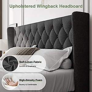 Feonase King Size Bed Frame with Wingback, Upholstered Platform Bed with Diamond Tufted Headboard, Heavy Duty Bed Frame, Wood Slat, Easy Assembly, Noise-Free, No Box Spring Needed, Dark Gray