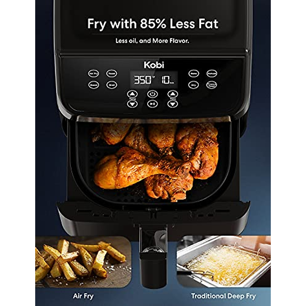 Kobi Air Fryer, XL 5.8 Quart,1700-Watt Electric Hot Air Fryers Oven & Oilless Cooker, LED Display, 8 Preset Programs, Shake Reminder, for Roasting, Nonstick Basket, ETL Listed (100 Recipes Book Included) (Black)