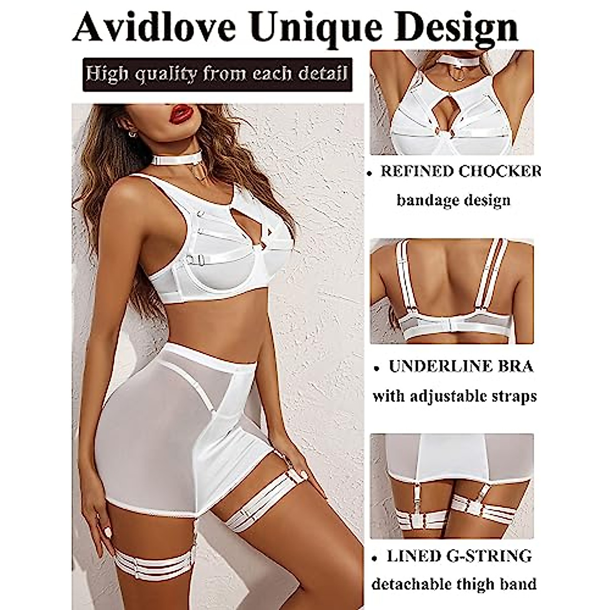 Avidlove Sexy Stripper Outfits Secy Lingerie Outfits Plus Size Lingerie for Women White Lingerie for Women Bridal Cutout Dresses for Women 6Pc Strappy Cutout Sheer Stretchy Lingerie Sets for Women Sex