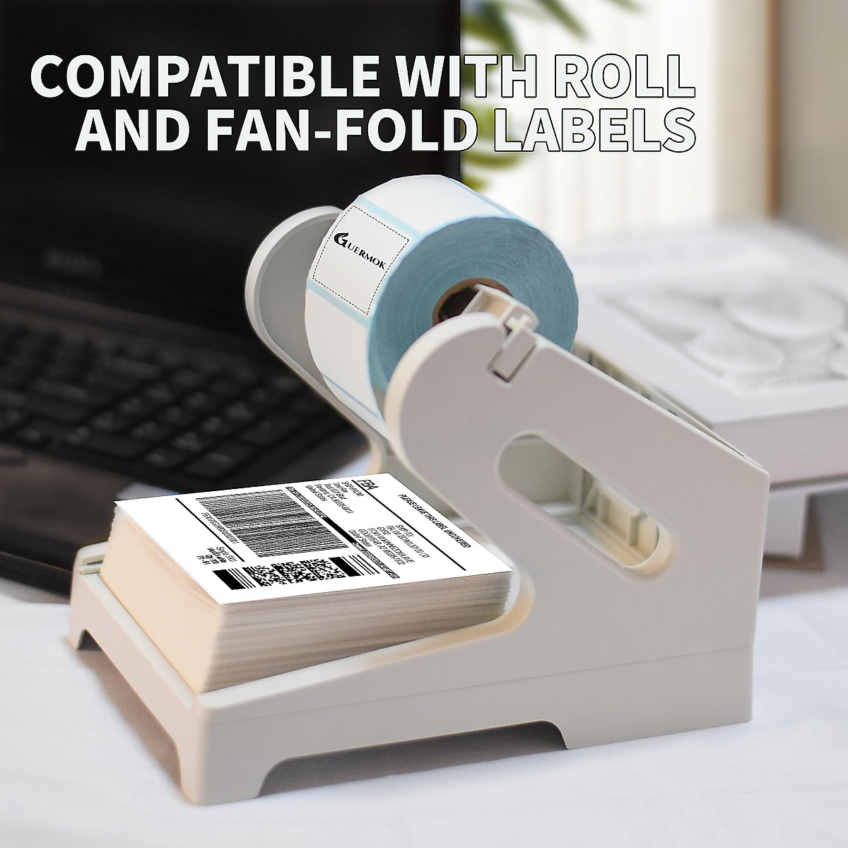 Guermok Thermal Shipping Label Holder for Rolls & Fan-Fold, Fragile Stickers for Shipping, Label Stand Desktop Printer Holder-Home Office Accessory- Sticker Dispenser for Holographic Vinyl