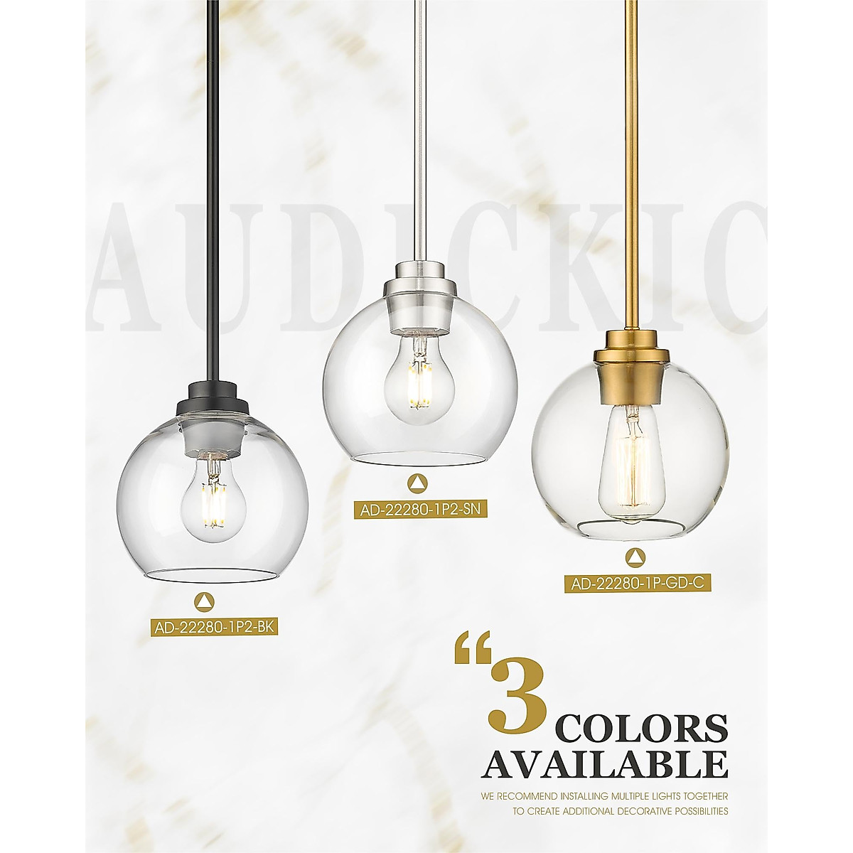 Audickic Brass Pendant Lights Kitchen Island 2 Pack, Farmhouse Gold Pendant Light with Clear Glass Globe Shade, Kitchen Island Lighting for Dining Room Entryway, AD-22280-1P2-GD-C