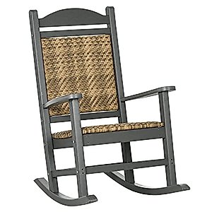 Outsunny Outdoor Rocking Chair, Traditional Wicker Porch Rocker w/Soft Padded Seat, Breathable Backrest, Fade-Resistant Waterproof HDPE Frame with PE Rattan for Indoor & Outdoor, Dark Gray