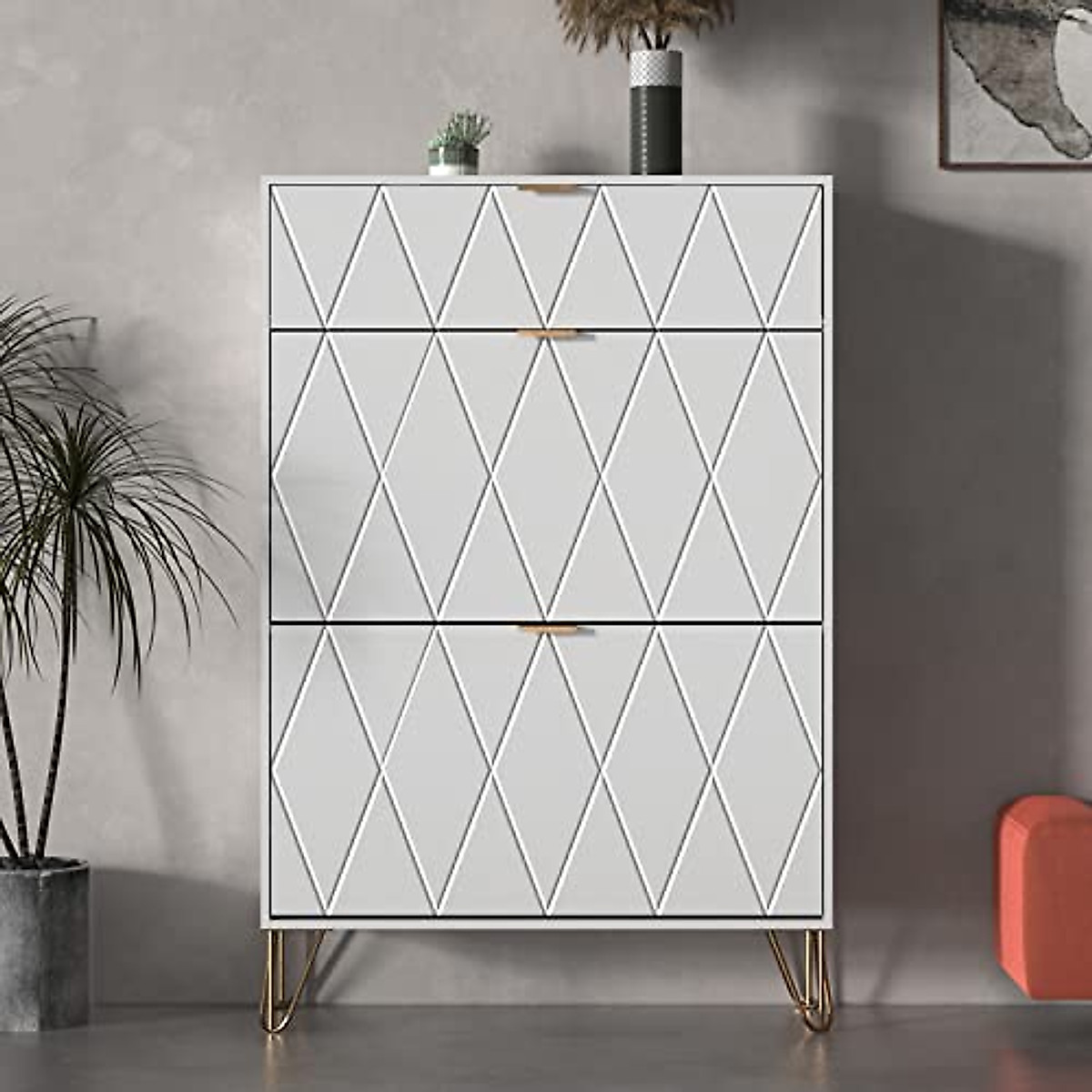 UEV Shoe Cabinet,Freestanding Shoe Rack Storage Organizer with Drawers & Metal Legs,Modern Shoe Storage Cabinet with 3 Flip Drawers for Entryway (White)