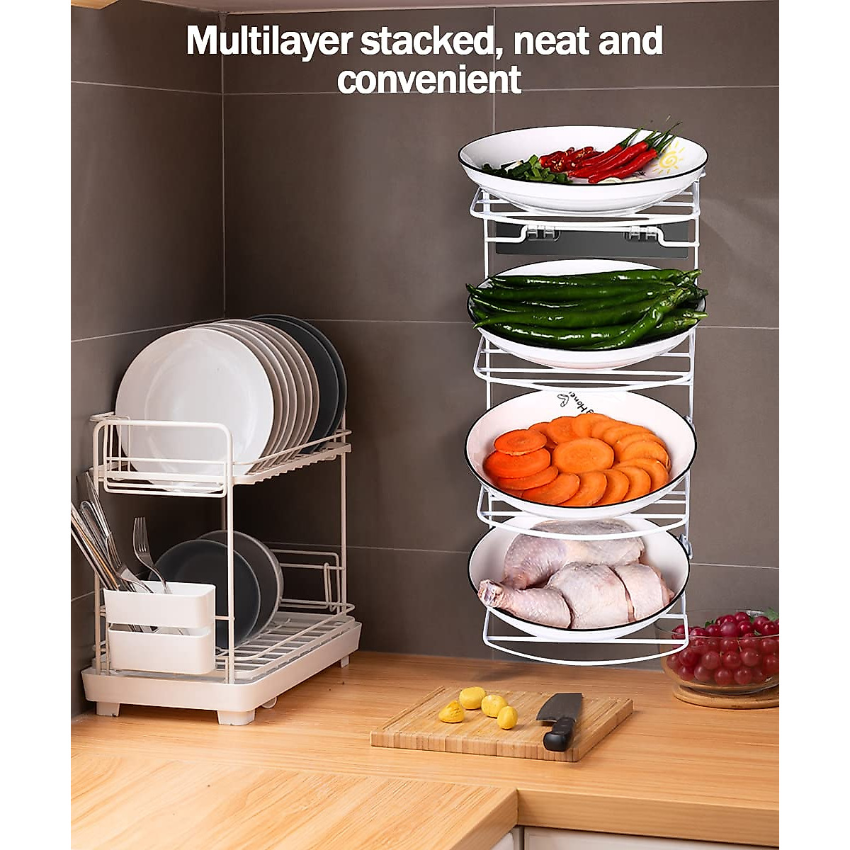 SWRDHJ Kitchen Wall-Mounted Fruit and Vegetable Preparation Tray with Vegetable Stacking Storage Rack, hot Pot Tray Multi-Layer Classification Tray Fruit Preparation Tray Food Vegetable Tray Rack