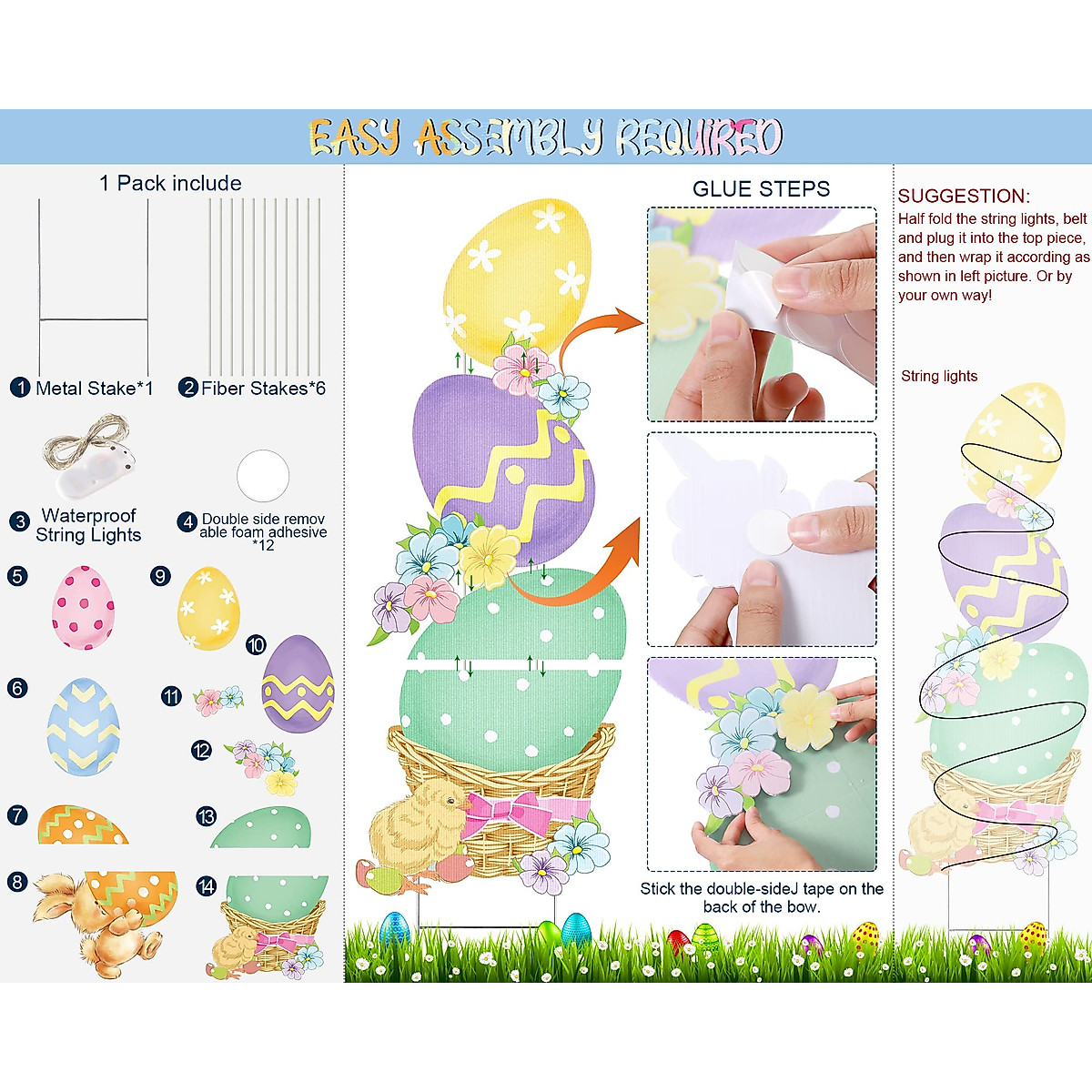 Easter Yard Signs with LED Lights 2 PCS Chick and Eggs Stake Signs Plastic Easter Egg Yard Decoration Large Easter Outdoor Sign Yard Lawn Bunny Decor for Easter Home Yard Lawn Party Outdoor Decoration