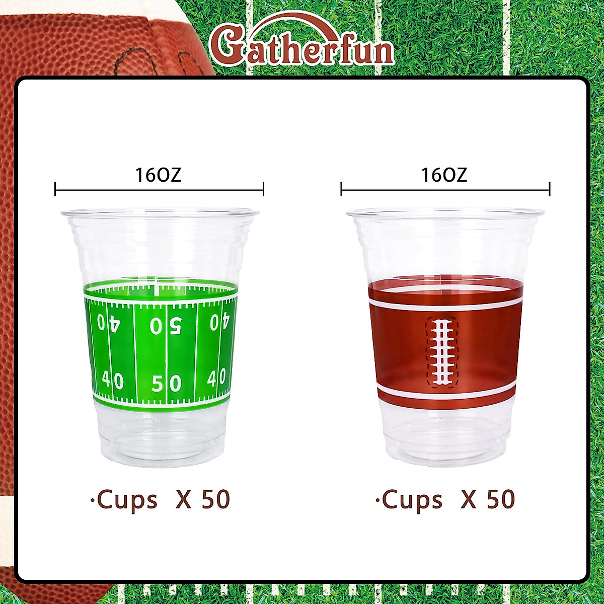Gatherfun 100 Pcs 16oz Football Plastic Cups - Football Parties and Tailgate Events, Disposable & Convenient - Ideal Party Supplies & Party Favors for Football Themed Birthdays