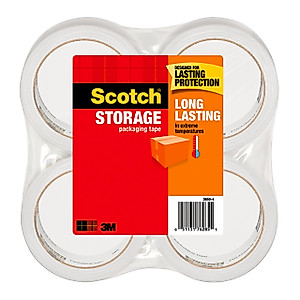 Scotch Long Lasting Storage Packaging Tape, 1.88" x 54.6 yd, Designed for Storage and Packing, Stays Sealed in Weather Extremes, 3" Core, Clear, 4 Rolls (3650-4)
