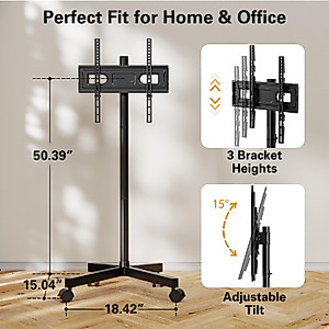 Perlegear Rolling TV Stand for 23-60 Inch LCD LED OLED 4K Smart TVs Holds up to 88lbs, Mobile TV Stand with Height Adjustable, Tilting TV Cart with Locking Wheels Max VESA 400x400mm, PGTVMC16