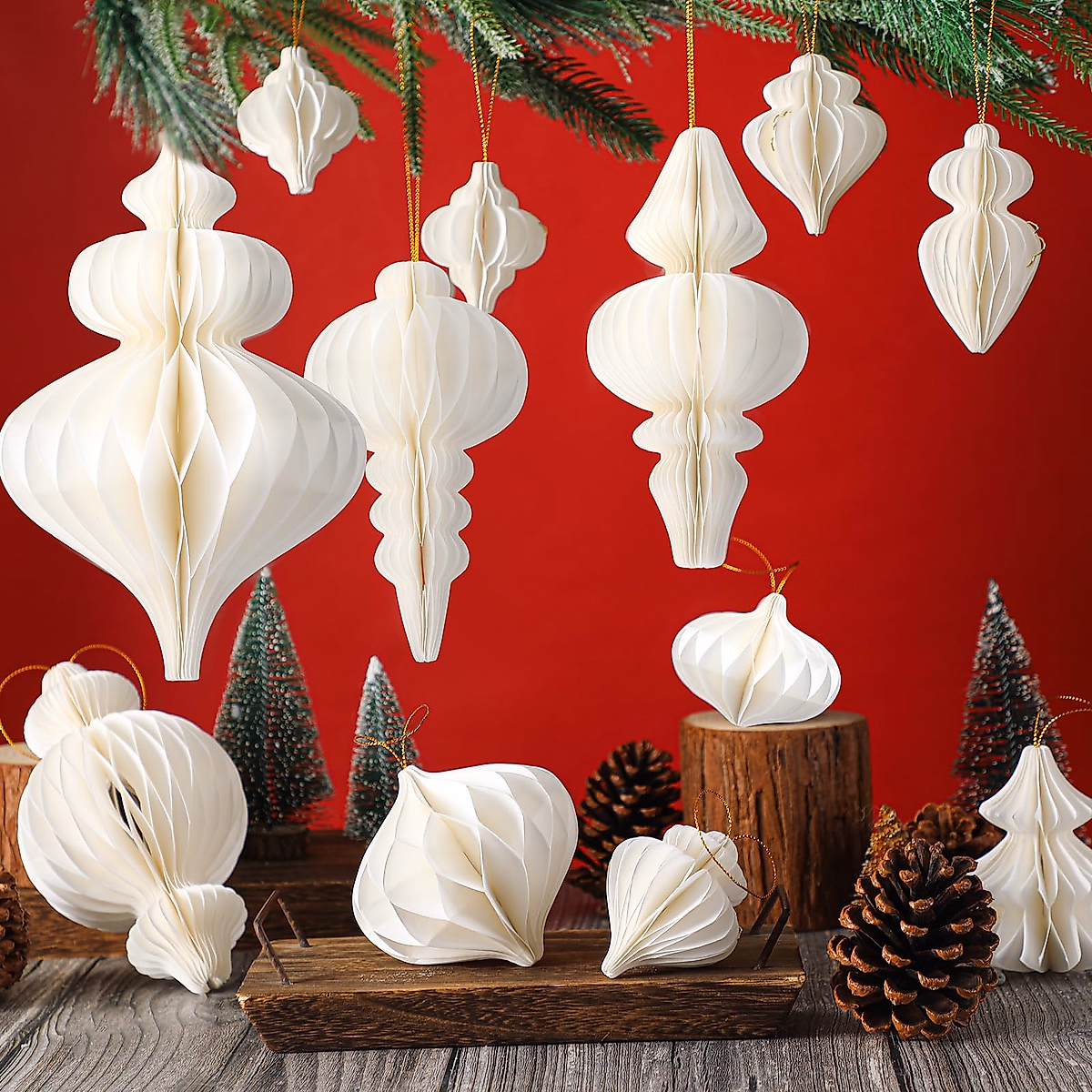Cinnvoice 12 Pcs Christmas Large White Hanging Honeycomb Balls Jumbo 3D Paper Christmas Tree Ornaments Decorative Lantern Honeycomb Decorations for Holiday Winter Wedding Xmas Party Wonderland Decor