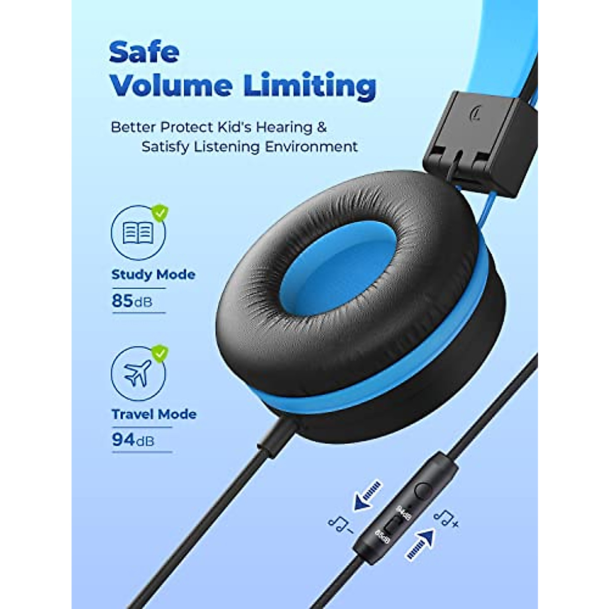 iClever HS14 Kids Headphones, Headphones for Kids with 94dB Volume Limited for Boys Girls, Adjustable Headband, Foldable, Child Headphones on Ear for Study Tablet Airplane School, Black, Blue