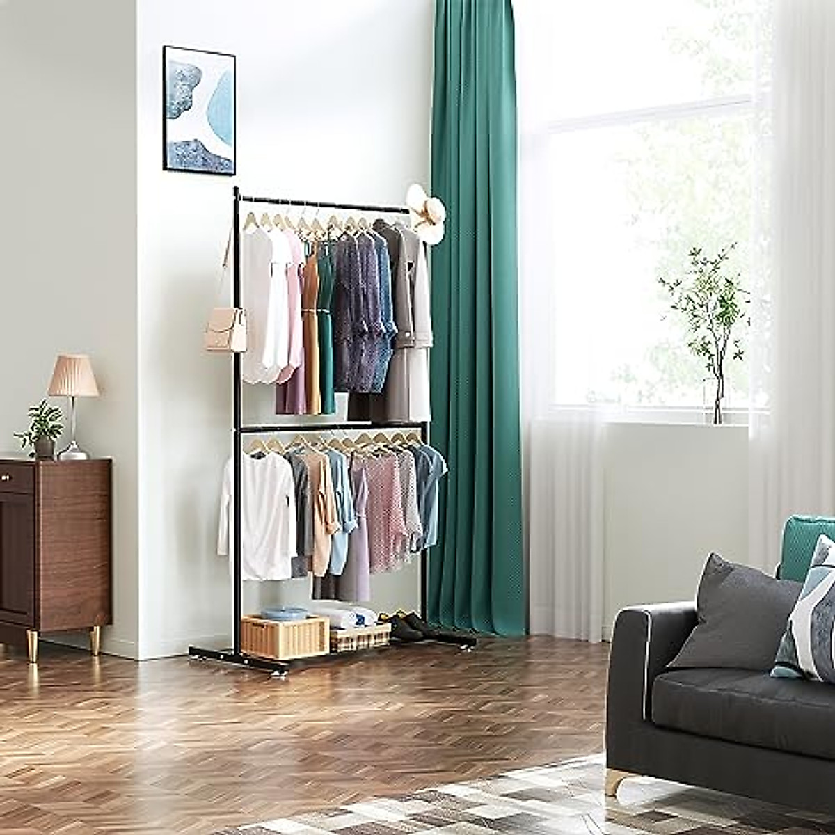 KKgoubz Clothes Rack Double Rod Clothing Rack,Garment Racks for Hanging Clothes,Metal Garment Rack with Bottom Storage,Carbon Steel Black