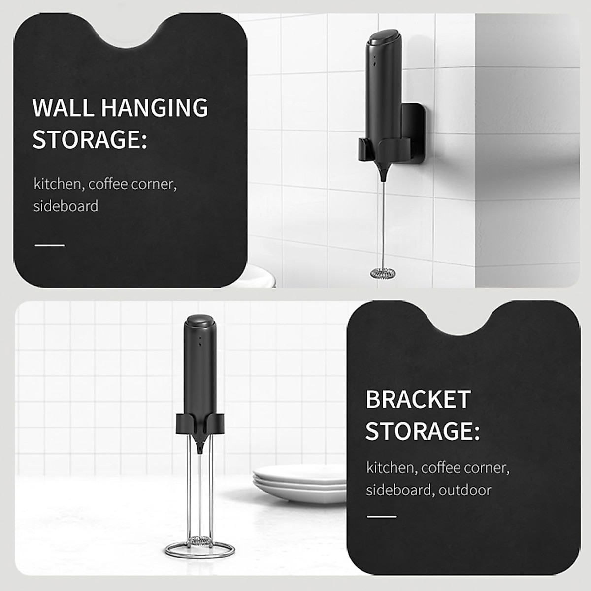 Lamido Milk Frother Handheld with Wall Mounted Stand, Mini Foamer Wand for Lattes, USB Rechargeable Drink Mixer, Electric Hand Whisk, Automatic Stirrers & Coffee Blender - Kitchen Gifts - Black