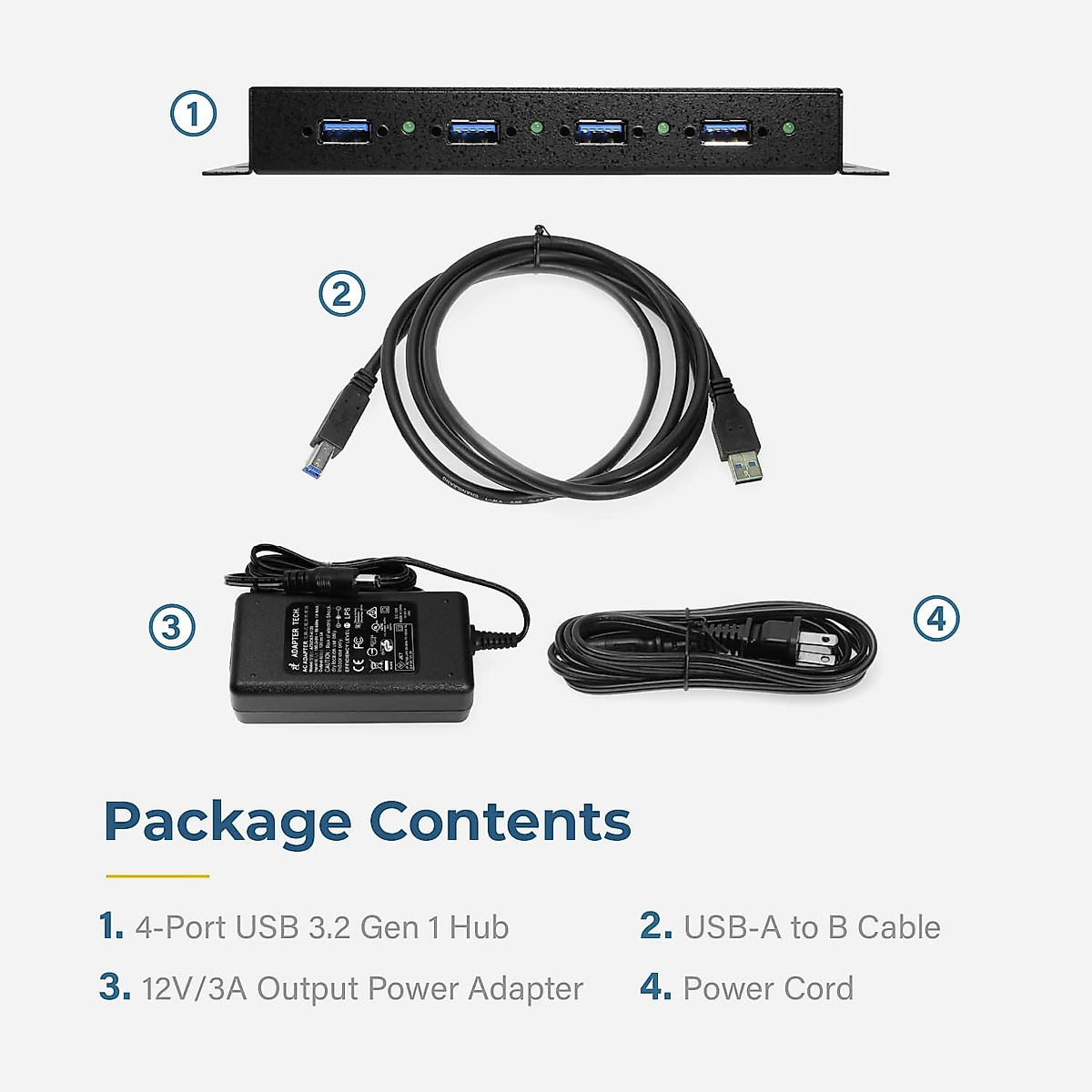 USB 3.2 Gen 1 4-Port Industrial Hub Metal Case with Screw Lock Cable Option