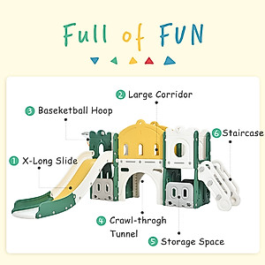 Merax 6-in-1 Kids Slide with Climber, Basketball Hoop, Tunnel and Storage Space, Outdoor Indoor Slide Playset for Toddlers Age 1+