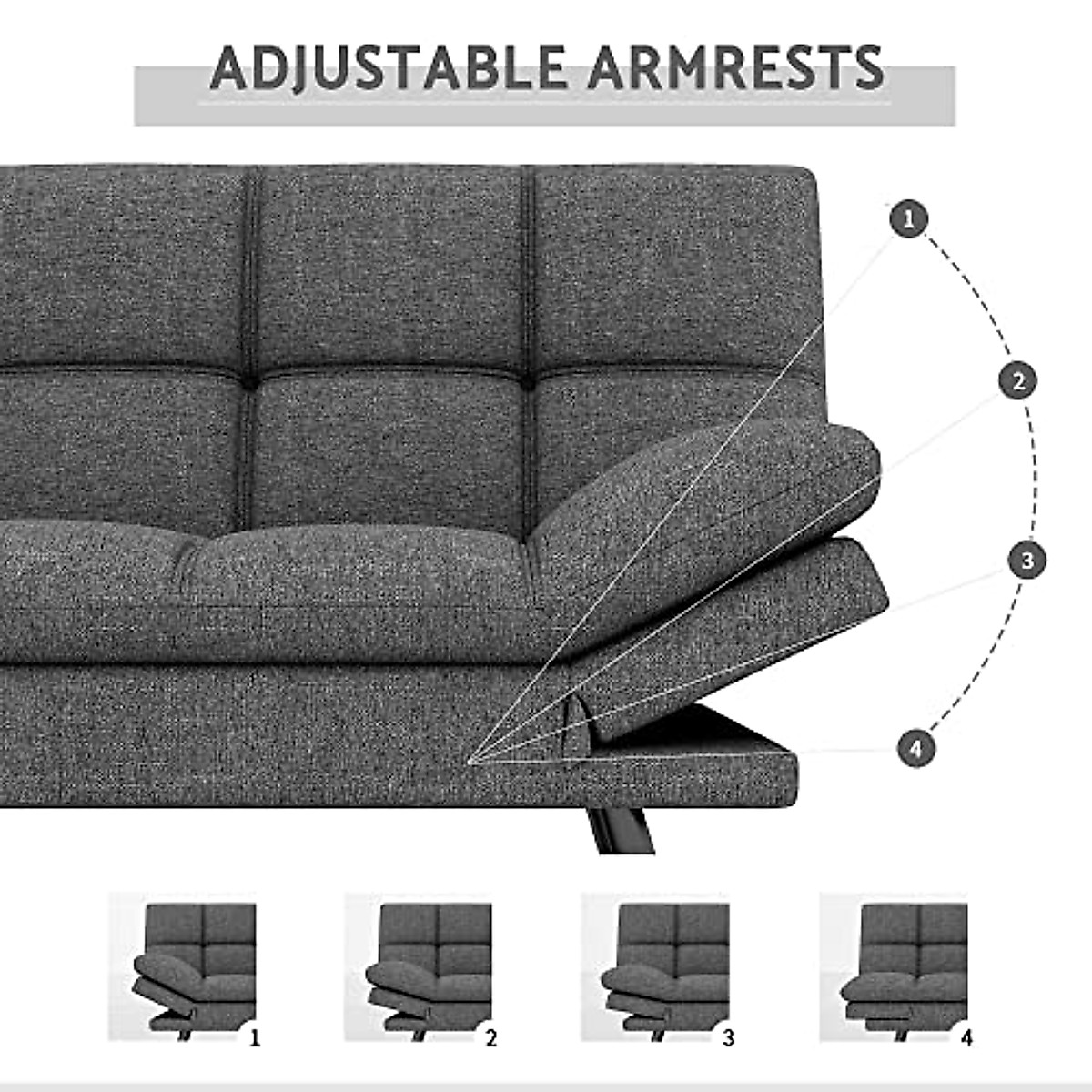 LIFERECORD Futon Bed Modern Convertible Sofa Memory Foam Daybed with Adjustable Armrests for Living Room Apartment Dorm, Graphite Grey