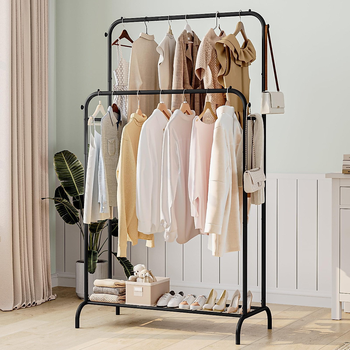 Hzuaneri Clothes Rack, Double Rods Garment Rack with Storage Shelf, Clothing Rack for Hanging Clothes, Metal Frame Clothes Organizer for Bedroom, Living Room, Black GR34099B