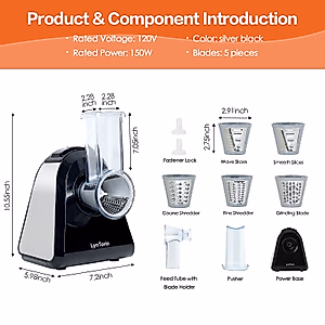 LynTorin Electric Cheese Grater, Electric Slicer/Shredder for Vegetable Fruits, One-Touch Control Electric Salad Maker Machine with 5 Attachments,Electric Vegetable Graters for Home Use