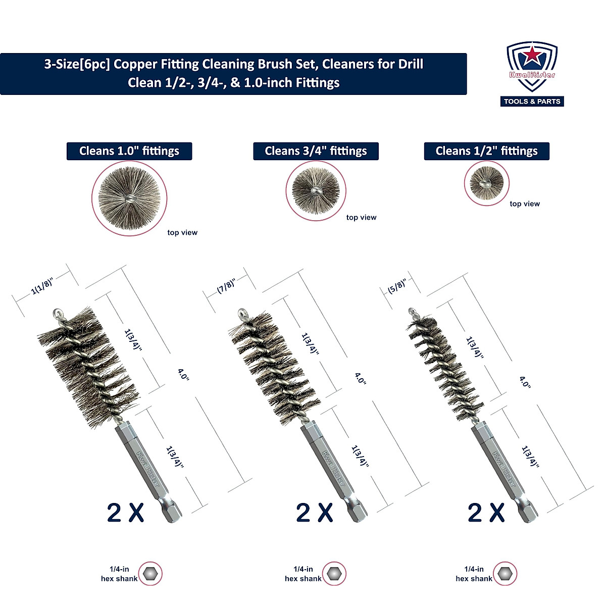 3-Size[6pc] Fitting Cleaning Brush Set (1/2, 3/4, 1.0-inch) Copper Pipe Cleaner for Power Drill, Stainless-Steel Wire Bore Brush, Metal Tube Brushes, Prep Copper/Bronze/Brass Fittings for Soldering