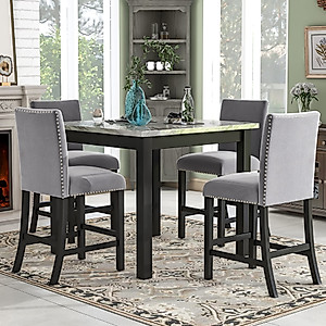Merax Dining Table Set for 4, Counter Height Dining Table Set with Faux Marble Dining Table and 4 Upholstered-Seat Chairs, 5 Piece Dining Room Table Set for Kitchen and Living Room Furniture, Gray