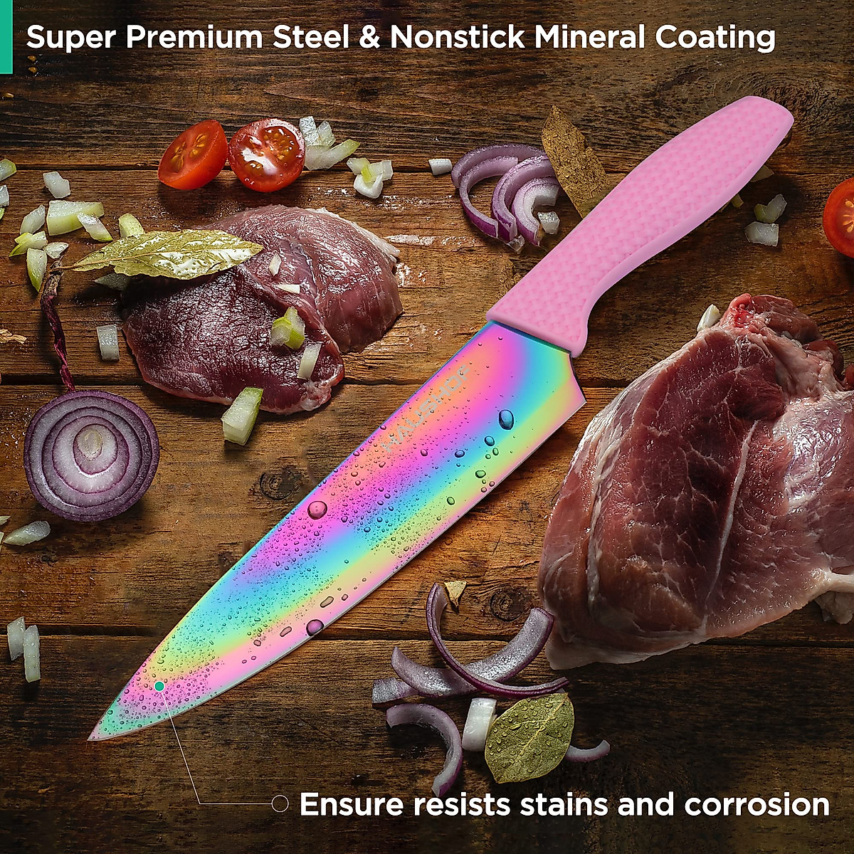 HAUSHOF Kitchen Knife Set, 5 PCS Rainbow Knife Sets with Arcylic Block, Titanium Coated Pink Knives Set for Kitchen, Stainless Steel Knives Set with Ergonomic Handle, Great for Slicing, Dicing&Cutting