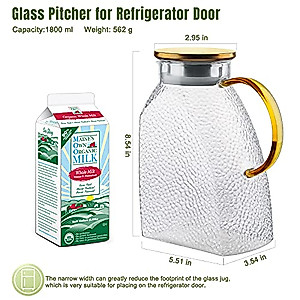 BINCOO Fridge Door Water Pitcher,1.8 Liter/60oz Glass Pitcher, Ice Tea Pitcher For Fridge, Pitcher Beverage Pitcher Drinking Carafe for Homemade Juice Ice Tea Wine Coffee Milk Lemonade