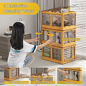 BROVIEW Plastic Storage Bins with Lids, 3 Pack 25 Gal Stackable Storage Cabinets Closet Organizers with 5-Doors, Collapsible Storage Containers Box for Kitchen Bedroom Living Kids Room Dorm (Yellow)