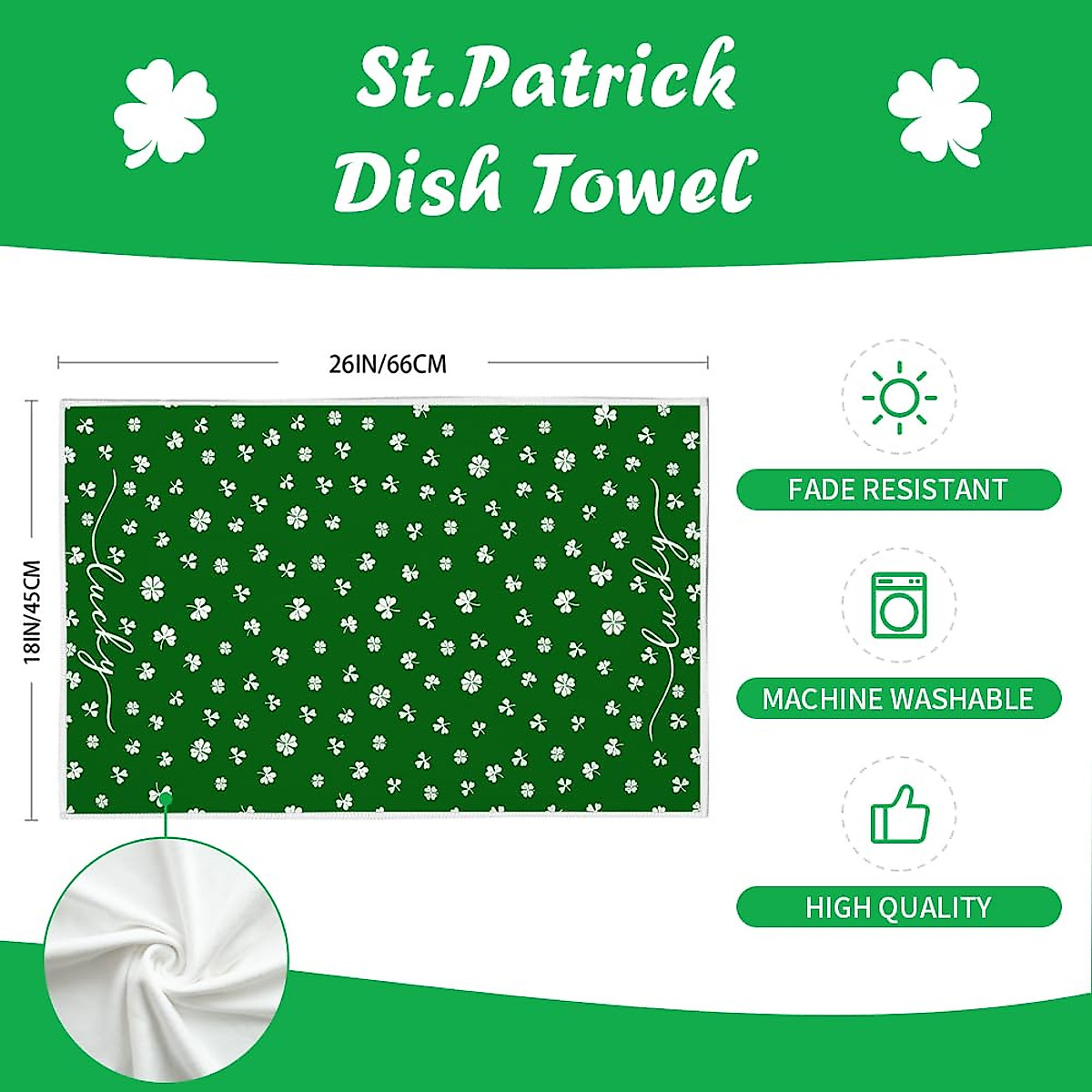 ARKENY St Patricks Day White Shamrock Kitchen Towels Dish Towels St. Patrick's Day Decorations for Home Drying Cloth Lucky Sign 18x26 Inch Stripe Hand Towel for Cooking Set of 2