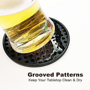 Silicone Coasters for Drinks with Holder, Drink Coasters with Grooved Pattern, Non-Slip Base, Washable and Heat Resistant Coffee Coasters for Table/ Kitchen/Office/Bar (Pyramid Pattern-Black)