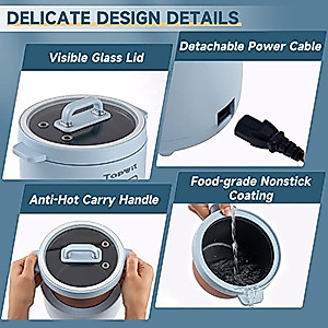 Topwit Mini Rice Cooker, 2 Cups Uncooked Rice Cooker Small with Glass Cover, 1.2L Portable Non-Stick Small Rice Cooker, Smart Control Rice Maker with 24H Delay Start & Keep Warm, Blue