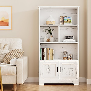 IDEALHOUSE White Bookshelf with LED Lights Farmhouse Bookcase with Doors Modern Storage Rack 3 Shelf Standing Bookshelves Wooden Display Shelf Unique Book Shelf for Bedroom, Living Room, Home Office