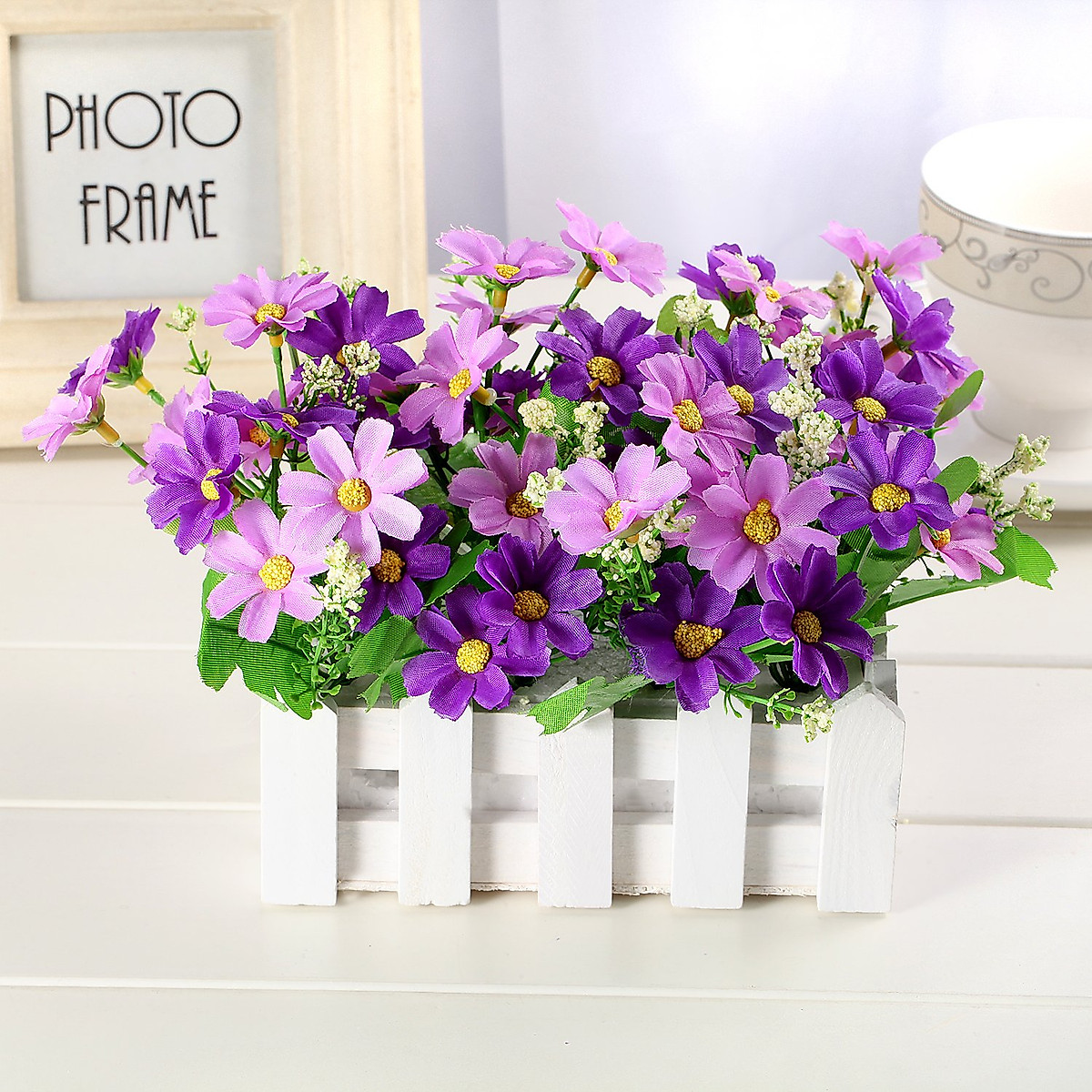 Louis Garden Artificial Flowers Fake Daisy in Picket Fence Pot Pack - Mini Potted Plant (Daisy-Purple)